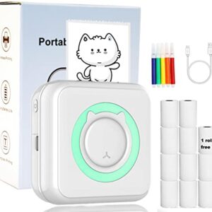 Portable Pocket Printer, Mini Bluetooth Thermal Mobile Printers with 10 Rolls Printing Paper and 5 Colored Pens Compatible with Android iOS, Inkless Printing Gift for Study Office Receipt Photo Notes