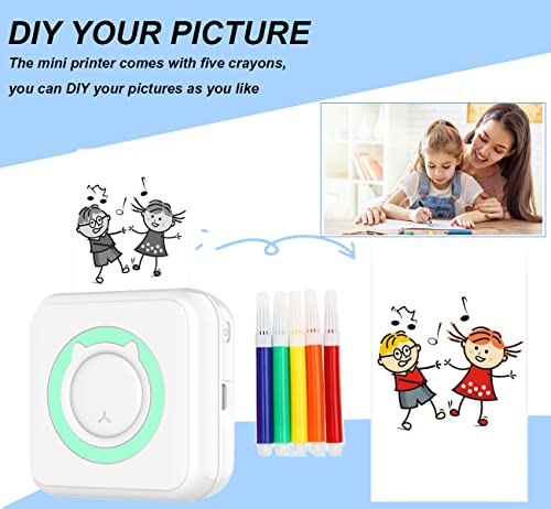 Portable Pocket Printer, Mini Bluetooth Thermal Mobile Printers with 10 Rolls Printing Paper and 5 Colored Pens Compatible with Android iOS, Inkless Printing Gift for Study Office Receipt Photo Notes