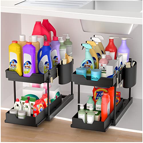 2 Pack Under Sink Organizer with Hooks & Hanging Cups, 2-tier Double Pull-out Drawer Kitchen Under Sink Storage for Canned Sauce, Salad etc, Bathroom Counter Organizer for Spice Makeup Cosmetics