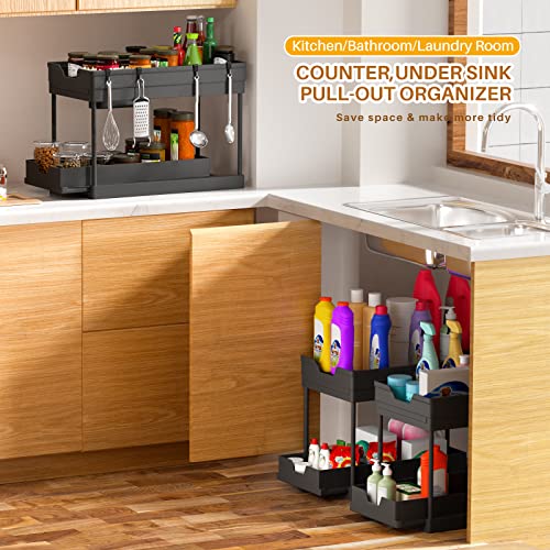 2 Pack Under Sink Organizer with Hooks & Hanging Cups, 2-tier Double Pull-out Drawer Kitchen Under Sink Storage for Canned Sauce, Salad etc, Bathroom Counter Organizer for Spice Makeup Cosmetics