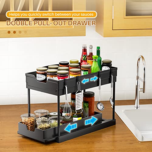 2 Pack Under Sink Organizer with Hooks & Hanging Cups, 2-tier Double Pull-out Drawer Kitchen Under Sink Storage for Canned Sauce, Salad etc, Bathroom Counter Organizer for Spice Makeup Cosmetics