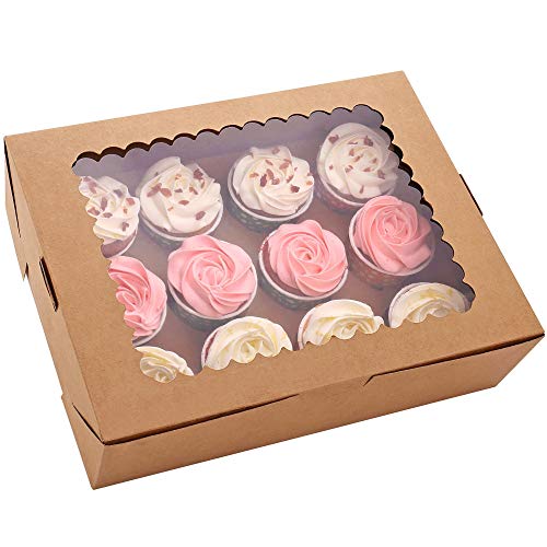 Tcoivs 15-Set Cupcake Boxes Hold 12 Standard Cupcakes, Cupcake Containers with Windows and Inserts, Brown Cupcake Carrier, Food Grade Kraft Cupcake Holders