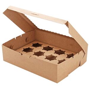 Tcoivs 15-Set Cupcake Boxes Hold 12 Standard Cupcakes, Cupcake Containers with Windows and Inserts, Brown Cupcake Carrier, Food Grade Kraft Cupcake Holders