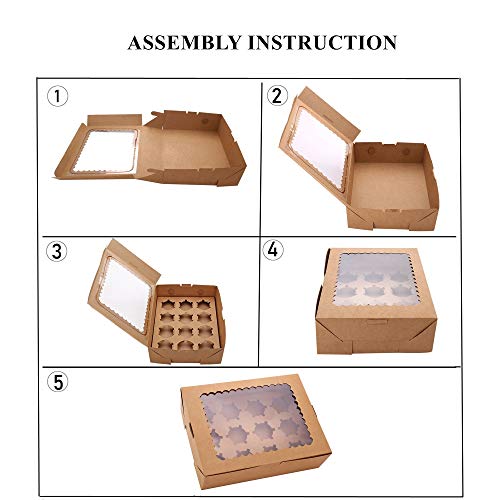 Tcoivs 15-Set Cupcake Boxes Hold 12 Standard Cupcakes, Cupcake Containers with Windows and Inserts, Brown Cupcake Carrier, Food Grade Kraft Cupcake Holders