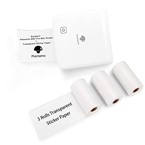 Phomemo M02 Pro Mini Thermal Printer- Bluetooth Photo Printer with 3 Rolls Transparent Sticker Paper, Compatible with iOS + Android for Plan Journal, Study Notes, Art Creation, Work, Gift, White