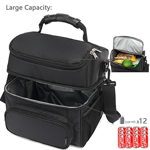 FlowFly Double Layer Cooler Insulated Lunch Bag Adult Lunch Box Large Tote Bag for Men, Women, With Adjustable Strap,Front Pocket and Dual Large Mesh Side Pockets,Black