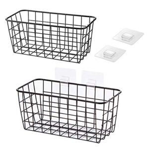 lelecat hanging kitchen baskets for storage adhesive sturdy small wire storage baskets with kitchen food pantry bathroom shelf storage no drilling wall mounted,2 pack,black