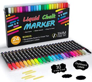 shuttle art chalk markers, 24 vibrant colors liquid chalk markers pens for chalkboards, windows, glass, cars, erasable, 3mm reversible fine tip with 30 chalkboard labels for office home supplies