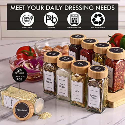 Spice Jars with Label 24Pcs, 4 oz Glass Jars with Bamboo Lids for Spice Rack, Cabinet, Drawer, Spice Containers - 528 Spice Labels, Shaker Lids, Funnel, Brush and Marker