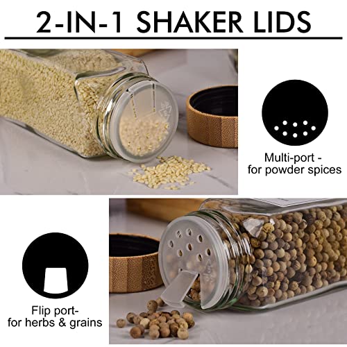 Spice Jars with Label 24Pcs, 4 oz Glass Jars with Bamboo Lids for Spice Rack, Cabinet, Drawer, Spice Containers - 528 Spice Labels, Shaker Lids, Funnel, Brush and Marker