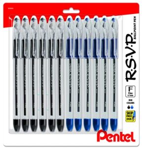 pentel rsvp pens fine point – ballpoint – 0.7 mm – 12 pack of 6 black & 6 blue ink pens