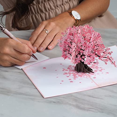 Paper Love 3D Cherry Blossom Pop Up Card, For Valentines, Spring, Mothers Day, All Occasions - 5" x 7" Cover - Includes Envelope and Note Tag