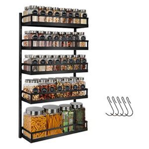 x-cosrack wall mount spice rack organizer 5 tier height-adjustable hanging spice shelf storage for kitchen pantry cabinet door, dual-use seasoning holder rack with hooks, black-patented