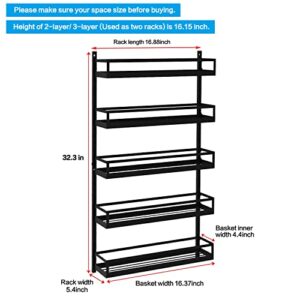 X-cosrack Wall Mount Spice Rack Organizer 5 Tier Height-Adjustable Hanging Spice Shelf Storage for Kitchen Pantry Cabinet Door, Dual-Use Seasoning Holder Rack with Hooks, Black-Patented