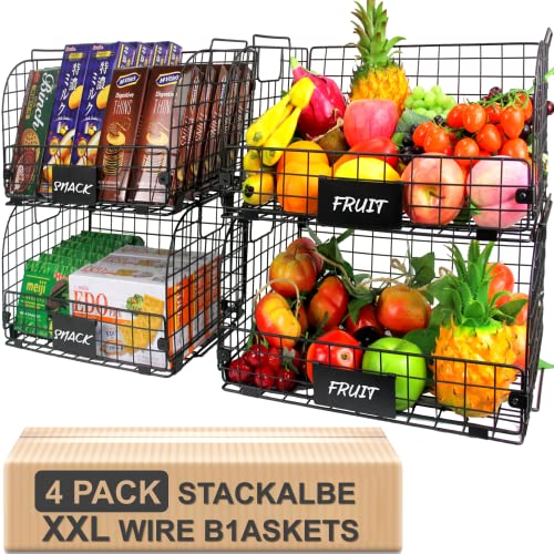 4 PACK XXL Kitchen Organization and Storage Pantry Baskets,Fruit Basket For Kitchen Cabinet,Metal Baskets For Organizing,Vegetable Fruit Snack Chips Onion Potato Cans Organization