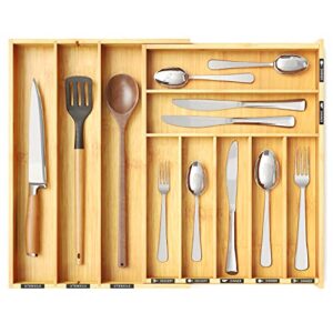 spaceaid bamboo silverware drawer organizer with labels, kitchen utensil expandable tray holder organizer for flatware, cutlery, spoon and knives drawer storage organization (natural, 10 slots)