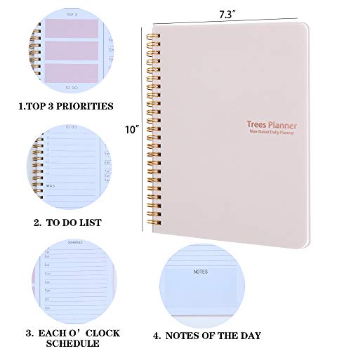 Daily Planner Hourly Schedules Appointment Planner Undated with To-Do List,Meals,Notes 10"X7.3",Flexible Cover ,Twin-Wire Binding