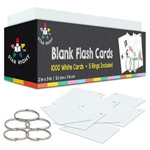 blank flash cards for studying – 2″ x 3″ blank index notecards – 1000 pre hole punched white index cards with metal binder rings – blank flashcards for gmt prep, math, and language