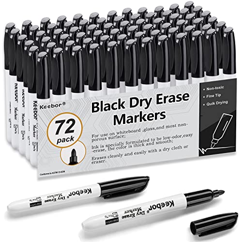 Keebor Basic Fine Tip Dry Erase Markers, Black, Bulk of 72 Pack Low-Odor Whiteboard Markers for Office School Home