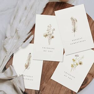 KIBAGA Beautiful Sympathy Cards Set of 20 with Envelopes and Stickers - Perfect Bulk Set To Express Your Condolences - Tasteful Floral and Feather Assortment w/a Simple Heartfelt Note of Condolence