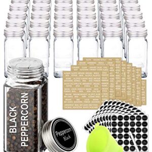 SWOMMOLY 36 Glass Spice Jars with 703 Spice Labels, Empty Square Spice Bottles 4 oz with Pour/Sift Shaker Lid, Airtight Cap, Chalk Marker and Funnel Complete Set