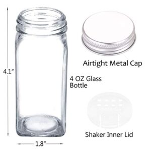 SWOMMOLY 36 Glass Spice Jars with 703 Spice Labels, Empty Square Spice Bottles 4 oz with Pour/Sift Shaker Lid, Airtight Cap, Chalk Marker and Funnel Complete Set