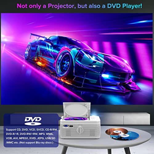 BIGASUO Upgrade HD Bluetooth Projector Built in DVD Player, Mini Video Projector 1080P Supported Compatible with TV/HDMI/VGA/AV/USB/TF SD Card, Portable Outdoor Movie Projector