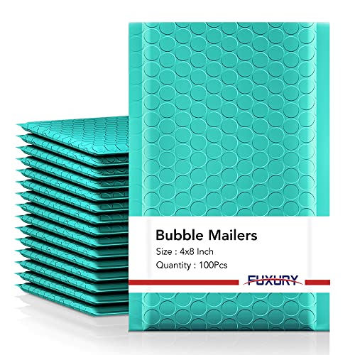 Fuxury Small Bubble Mailers 4x8 Inch 100 Pack, Teal Bubble Mailer, Self Seal Padded Envelopes Waterproof Mailing Envelopes Bubble Padded, Bubble Envelopes for Shipping, Small Business, Bulk #000