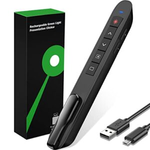 presentation clicker green laser pointer, rechargeable powerpoint clicker wireless presenter remote, rf 2.4ghz usb presentation pointer slide advancer with hyperlink volume control for mac computer