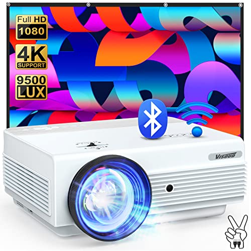 Native 1080P WiFi Bluetooth Projector, VISOUD 9500L with 120'' Screen Portable Outdoor Movie Projector, Zoom & 300'', Home Theater Video Projector Compatible w/ HDMI, VGA, TF, USB, AV, TV Stick, PS4