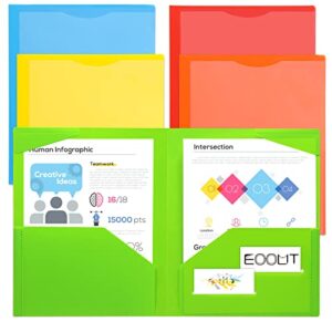 eoout 5pcs plastic folders with clear front pocket, heavy duty folders with 4 pockets for office and school, letter size, 5 assorted colors