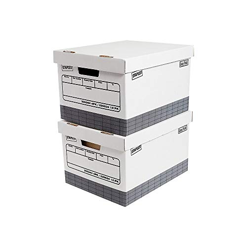 Staples Heavy-Duty Storage Boxes, Top Tab, Stacking Strength 850 lb, White/Gray, 9 3/4"H x 12"W x 15"D, 4/Ct