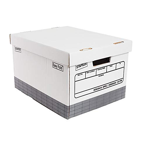 Staples Heavy-Duty Storage Boxes, Top Tab, Stacking Strength 850 lb, White/Gray, 9 3/4"H x 12"W x 15"D, 4/Ct