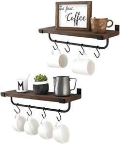 mkono mug holder wall mounted coffee mug rack set of 2 rustic floating shelf for coffee bar accessories wood tea cup hooks hanger for organizing cooking utensils, home kitchen decor