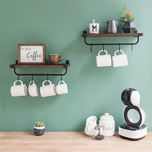 Mkono Mug Holder Wall Mounted Coffee Mug Rack Set of 2 Rustic Floating Shelf for Coffee Bar Accessories Wood Tea Cup Hooks Hanger for Organizing Cooking Utensils, Home Kitchen Decor