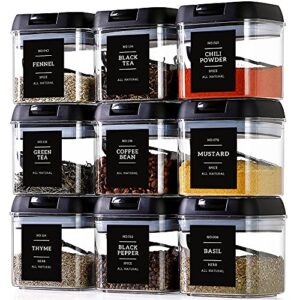 spice containers with labels – 9 pcs large plastic tea storage containers with 148 spice labels and 9 spoons – square airtight spice containers set with black lids for kitchen pantry herbs,coffee,seasoning organization