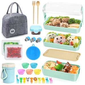 27 pcs bento box lunch box kit, stackable 3-in-1 compartment japanese lunch box set w/ soup cup sauce can, spoon fork, cake cups, fruit picks, snack bags, leakproof lunch container for kids and adults