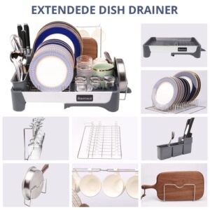 RBAYSALE Dish Drying Rack, Large Dish Rack Expandable Stainless Steel Dish Drainer with Wine Glass Holder, Utensil Holder, Cutting Board Holder Kitchen Organizer for Kitchen Counter