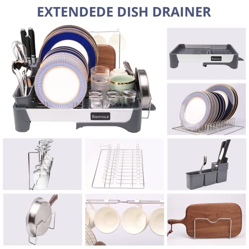 RBAYSALE Dish Drying Rack, Large Dish Rack Expandable Stainless Steel Dish Drainer with Wine Glass Holder, Utensil Holder, Cutting Board Holder Kitchen Organizer for Kitchen Counter