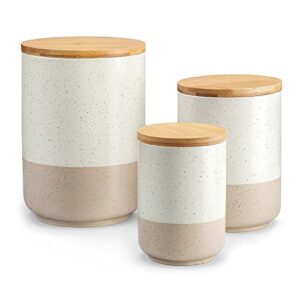 vancasso sabine canister sets for kitchen counter, ceramic food storage jars with airtight wood lids, large kitchen canisters for coffee, sugar, tea, flour, spice (set of 3)