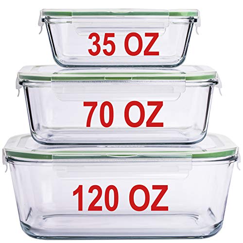 LARGE Glass Containers for Food Storage with Lids Container Baking Dish Set Glass Storage Containers with Locking Lid Set 3 120 OZ/70 OZ/35 OZ Large Glass Meal Storing Serving Food Leakproof Ovensafe