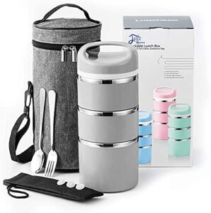 lille home stackable stainless steel thermal compartment lunch/snack box, 3-tier insulated bento/food container with upgraded lunch bag, portable cutlery set and 3 extra silicone seals, 43 oz, gray