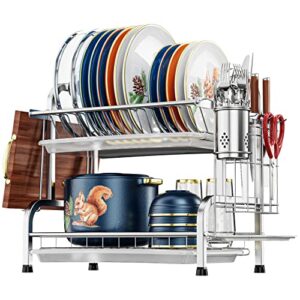 ispecle dish drying rack, 304 stainless steel 2-tier dish rack with utensil holder, cutting board holder and dish drainer for kitchen counter