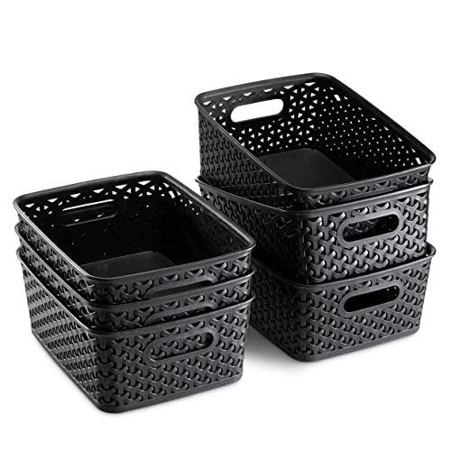 Set of 6 Plastic Storage Baskets - Small Pantry Organizer Basket Bins - Household Organizers with Cutout Handles for Kitchen Organization, Countertops, Cabinets, Bedrooms, and Bathrooms