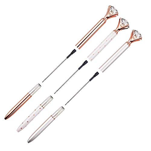 LONGKEY 3PCS Large Crystal Diamond Pen Bling Metal Ballpoint Pen Office and School, Silver / White Rose Polka Dot / Rose Gold, Including 3Pen Refills.