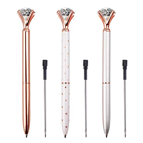 LONGKEY 3PCS Large Crystal Diamond Pen Bling Metal Ballpoint Pen Office and School, Silver / White Rose Polka Dot / Rose Gold, Including 3Pen Refills.