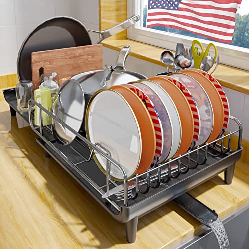 SNTD Dish Drying Rack for Kitchen Counter Sink Organization and Storage Black, Expandable Large Capacity Dish Rack Dish Drainer Utensil Sponge Holder Sink Caddy Over The Sink Pot Pan Rack Organizer