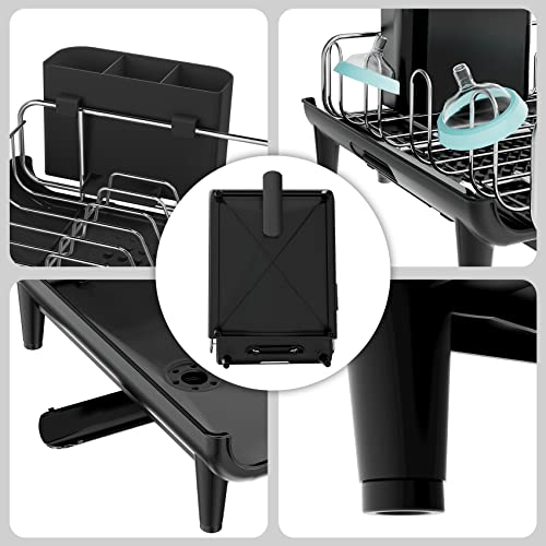 SNTD Dish Drying Rack for Kitchen Counter Sink Organization and Storage Black, Expandable Large Capacity Dish Rack Dish Drainer Utensil Sponge Holder Sink Caddy Over The Sink Pot Pan Rack Organizer