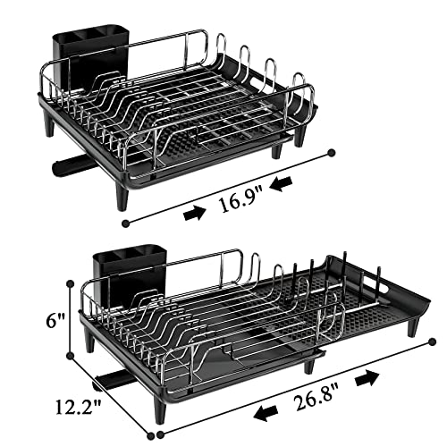 SNTD Dish Drying Rack for Kitchen Counter Sink Organization and Storage Black, Expandable Large Capacity Dish Rack Dish Drainer Utensil Sponge Holder Sink Caddy Over The Sink Pot Pan Rack Organizer