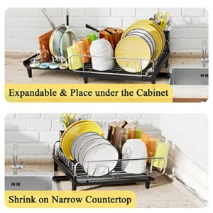 SNTD Dish Drying Rack for Kitchen Counter Sink Organization and Storage Black, Expandable Large Capacity Dish Rack Dish Drainer Utensil Sponge Holder Sink Caddy Over The Sink Pot Pan Rack Organizer